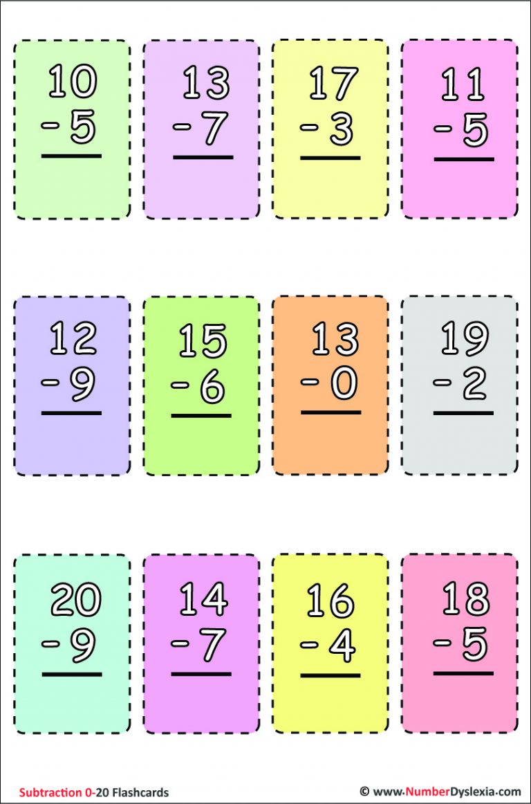 Printable Subtraction Flashcards 0-20 with Free PDF - Number Dyslexia