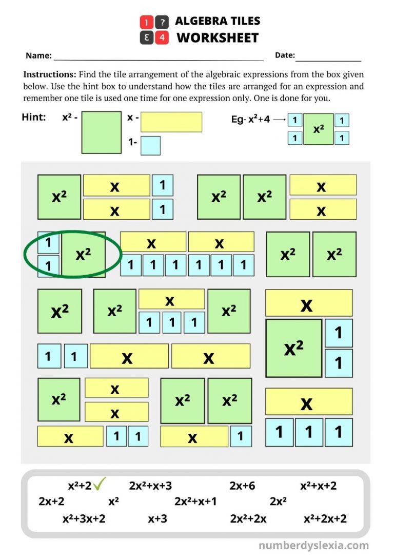 Free Printable Algebra Tiles Worksheets [PDF] - Number Dyslexia