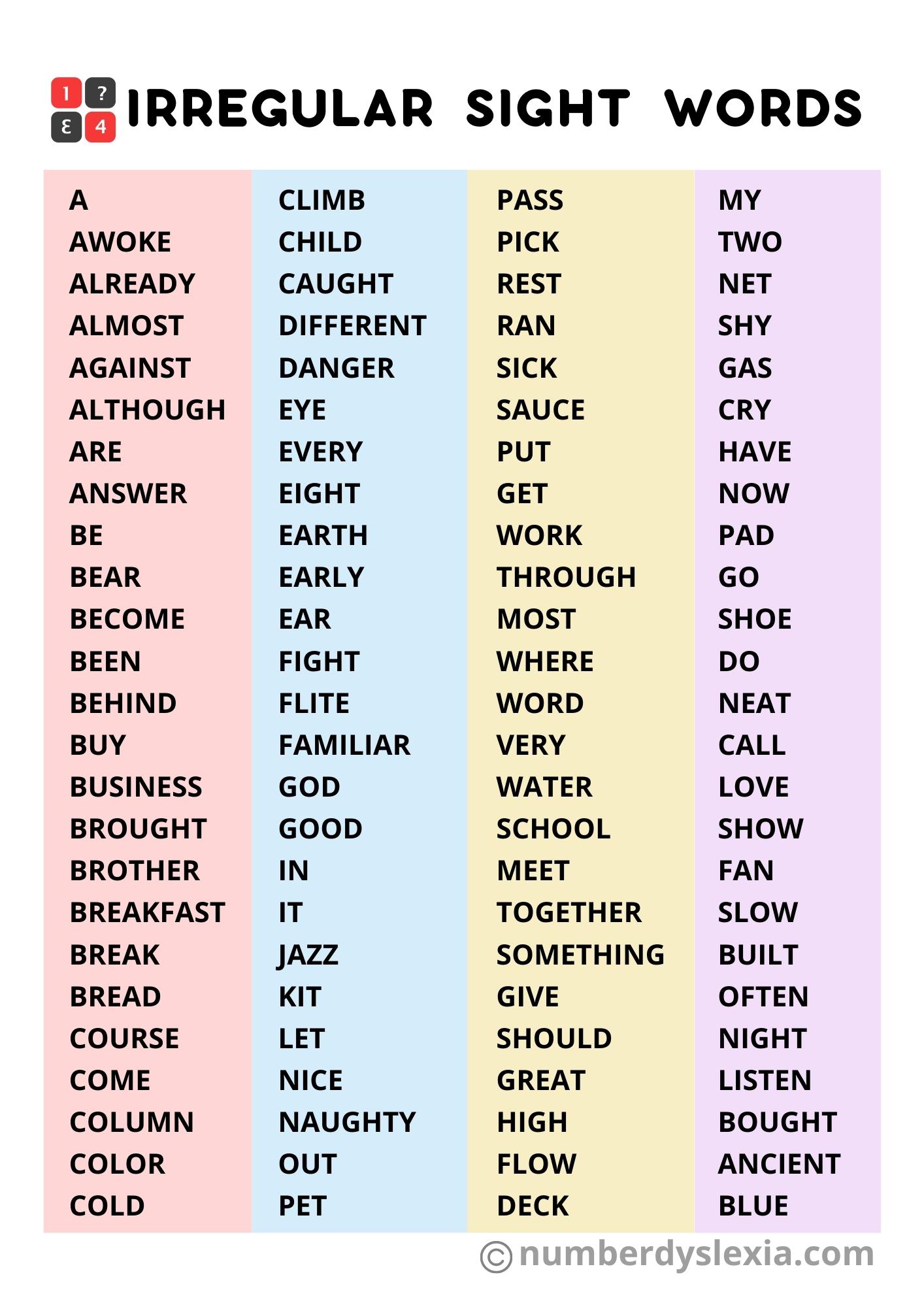List Of Irregular Sight Words Printable Pdf Included Number
