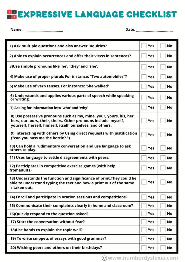 Expressive Language Skills Checklist PDF Included Number Dyslexia