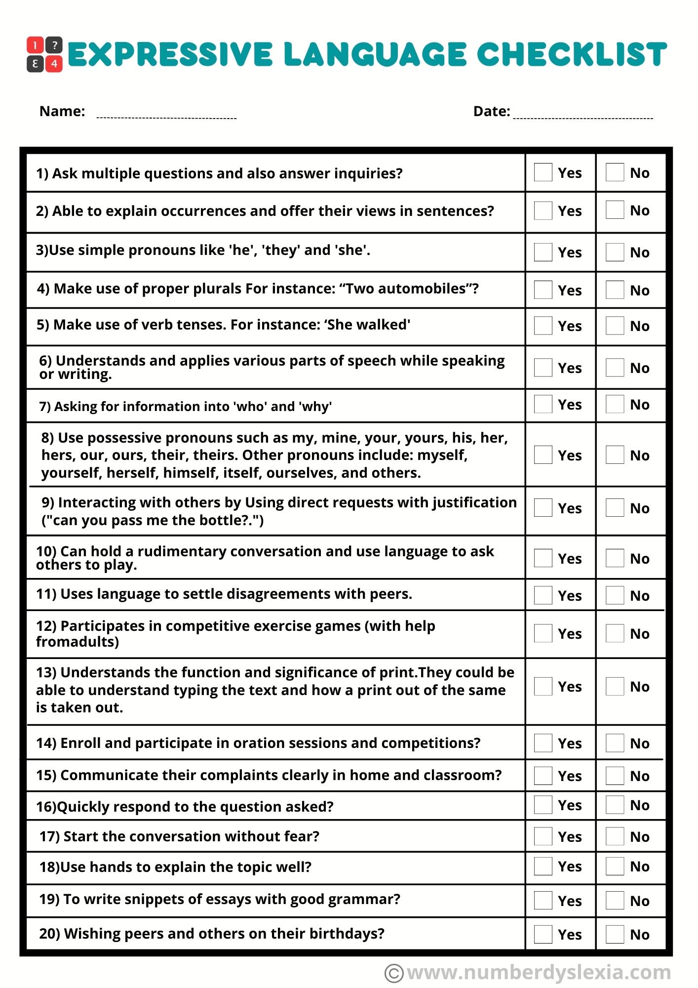 Expressive Language Skills Checklist PDF Included Number Dyslexia