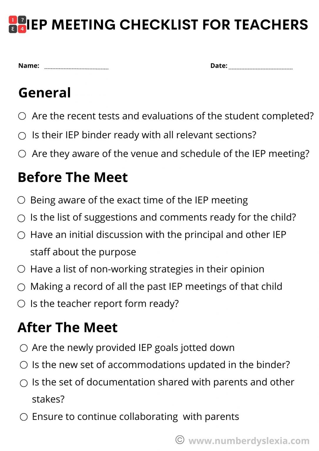 IEP Meeting Checklist for Parents and Teachers [PDF Included] - Number ...