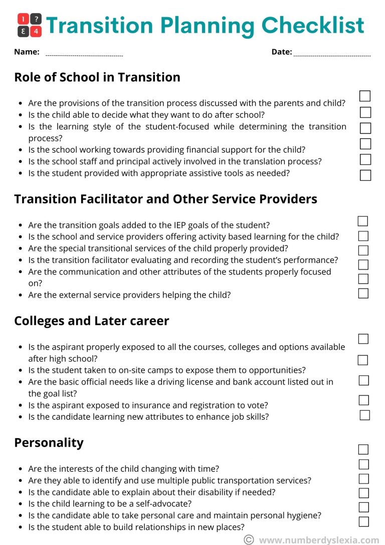 Transition Planning Checklist [PDF Included] - Number Dyslexia