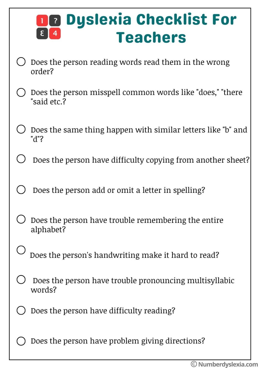 Printable Dyslexia Checklist For Teachers [PDF Included] - Number Dyslexia
