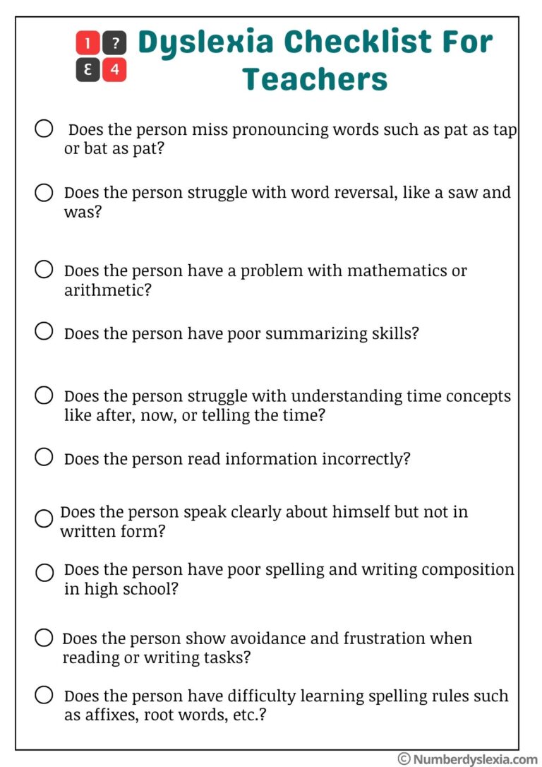 Printable Dyslexia Checklist For Teachers [PDF Included] - Number Dyslexia