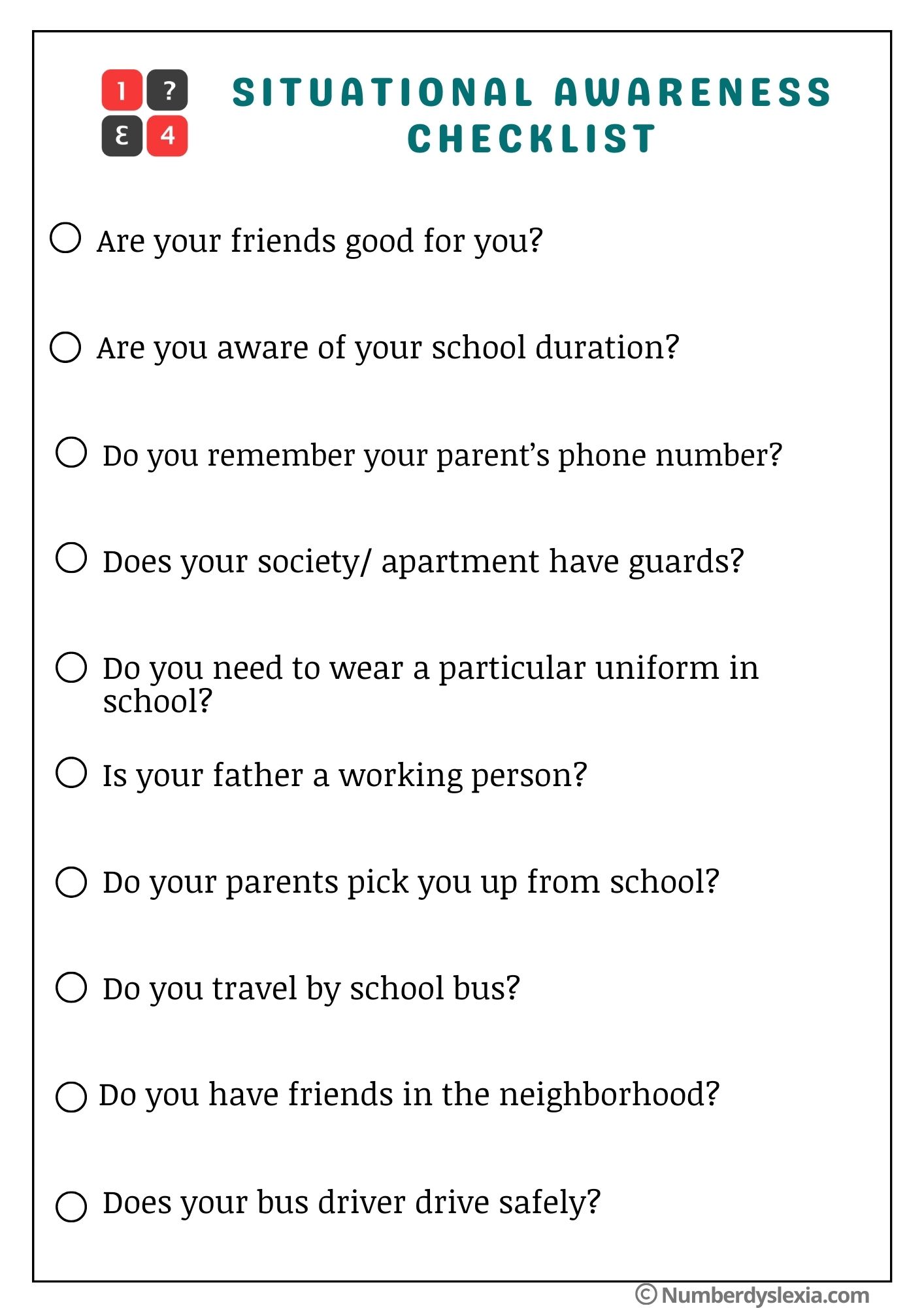 Printable Situational Awareness Checklist Pdf Included Number Dyslexia