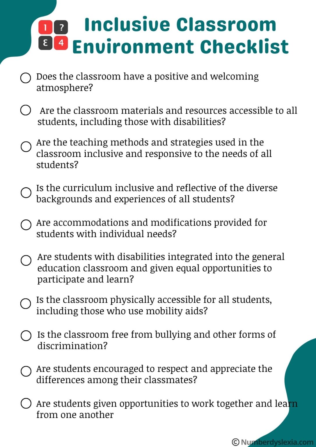 Inclusive Classroom Environment Checklist [PDF Included] - Number Dyslexia