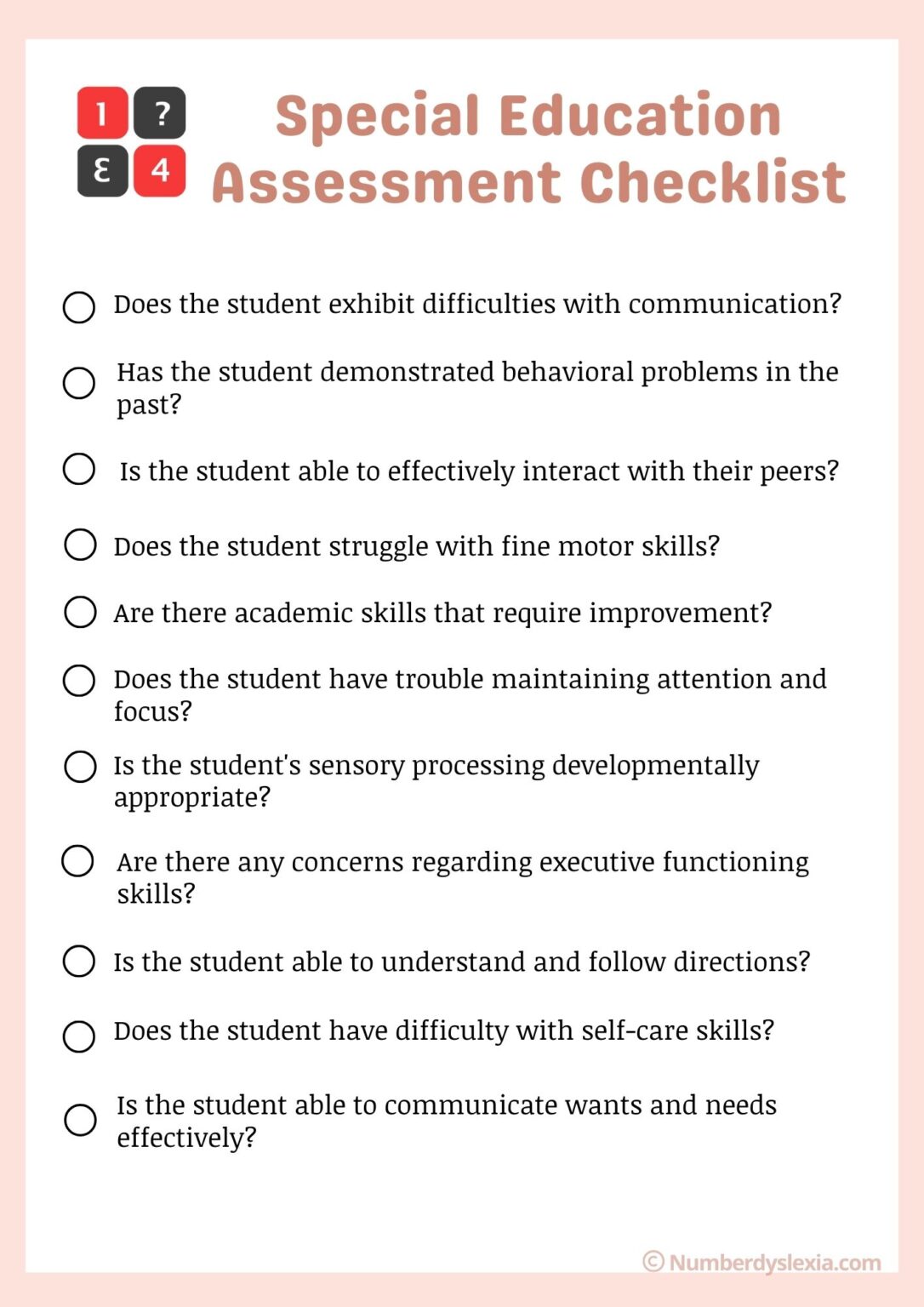 Special Education Assessment Checklist [PDF Included] - Number Dyslexia