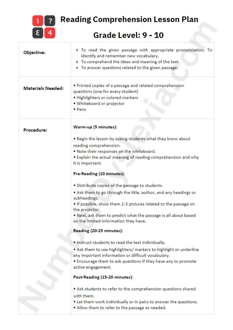 Reading Comprehension Lesson Plan For High School [PDF Included] - Number Dyslexia