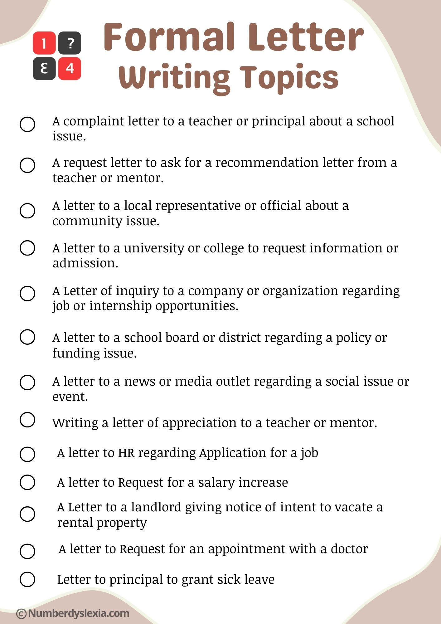 List Of 40 Formal Letter Writing Topics PDF Included Number Dyslexia