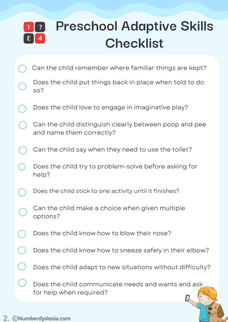Preschool Adaptive Skills Checklist [PDF Included] - Number Dyslexia