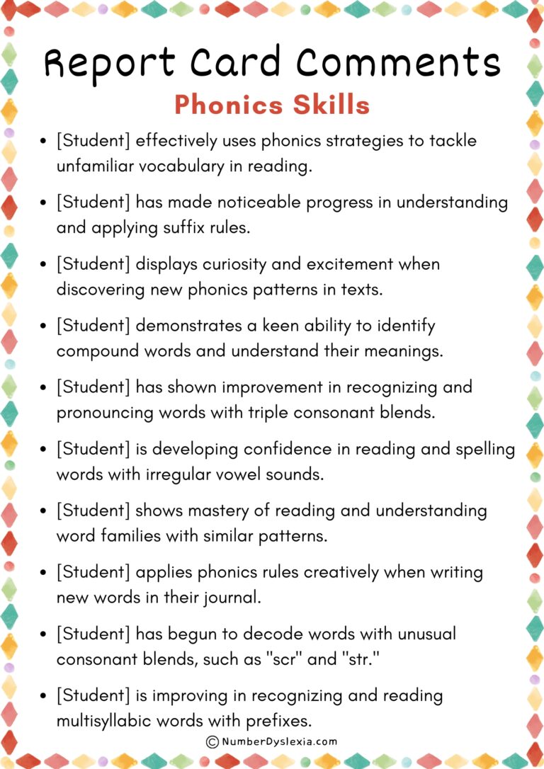 120 Report Card Comments For Phonics Skills [PDF Included] - Number ...