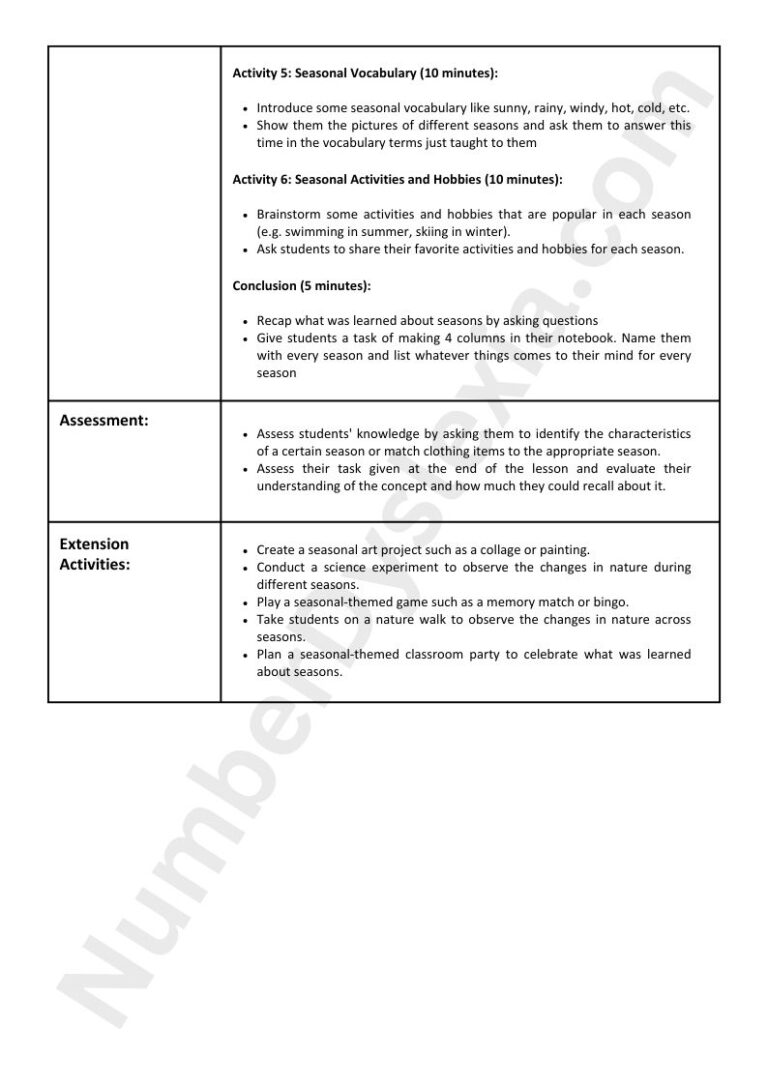 Printable Seasons Lesson Plan For Kindergarten [PDF Included] - Number ...