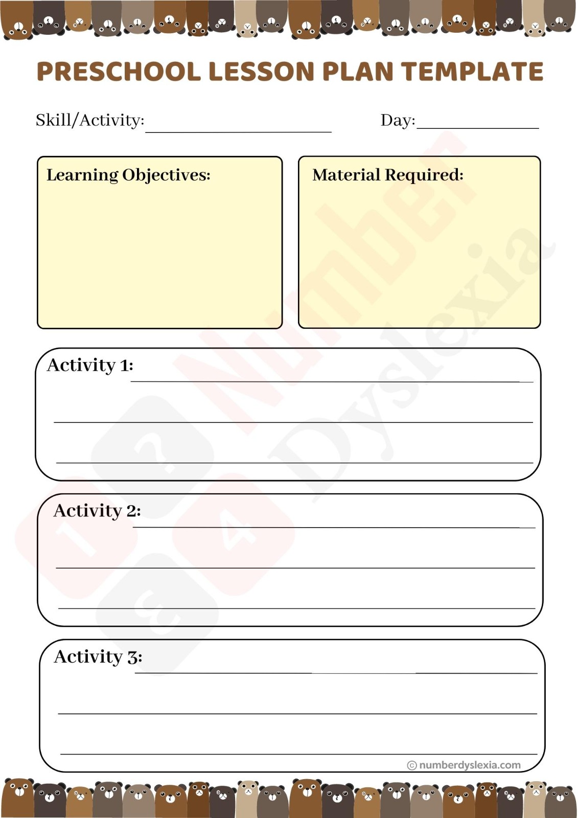 Easy And Fun Lesson Plan Printable Template For Preschool Kids