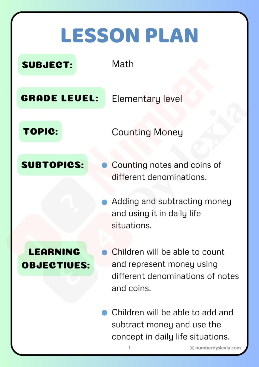 Printable Counting Money Lesson Plan [PDF Included] - Number Dyslexia