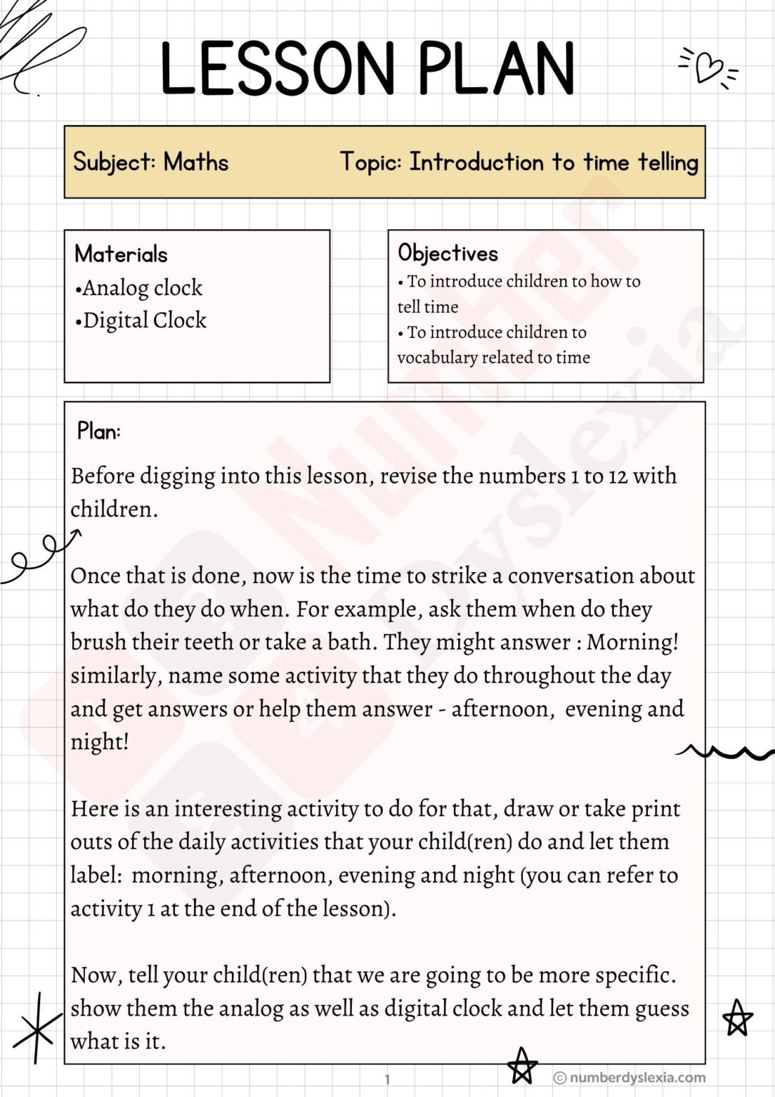 Printable Time-telling Lesson Plan [PDF Included] - Number Dyslexia