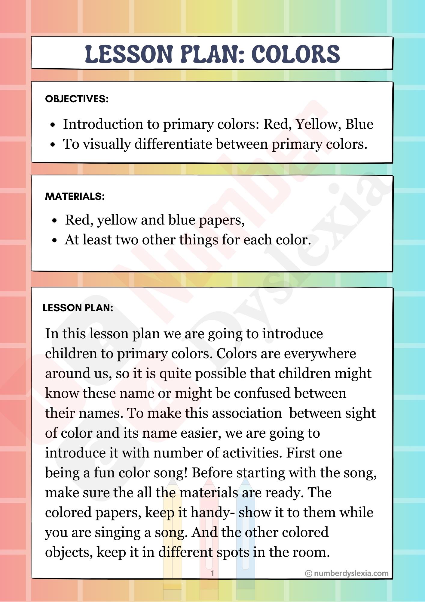 Printable Colors Lesson Plan PDF Included Number Dyslexia Printable Colors Lesson Plan PDF Included Number Dyslexia