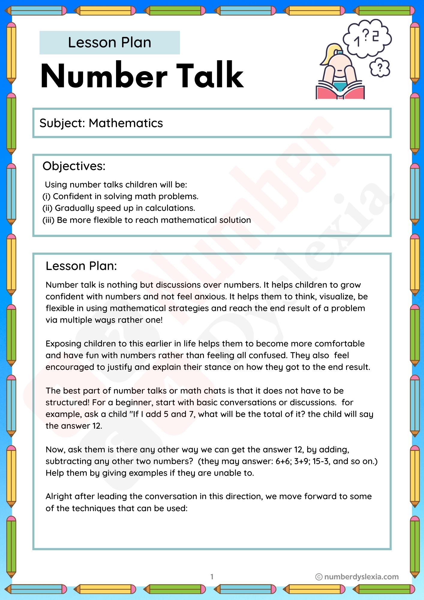 Printable Number Talk Lesson Plan PDF Number Dyslexia Printable Number Talk Lesson Plan PDF Number Dyslexia