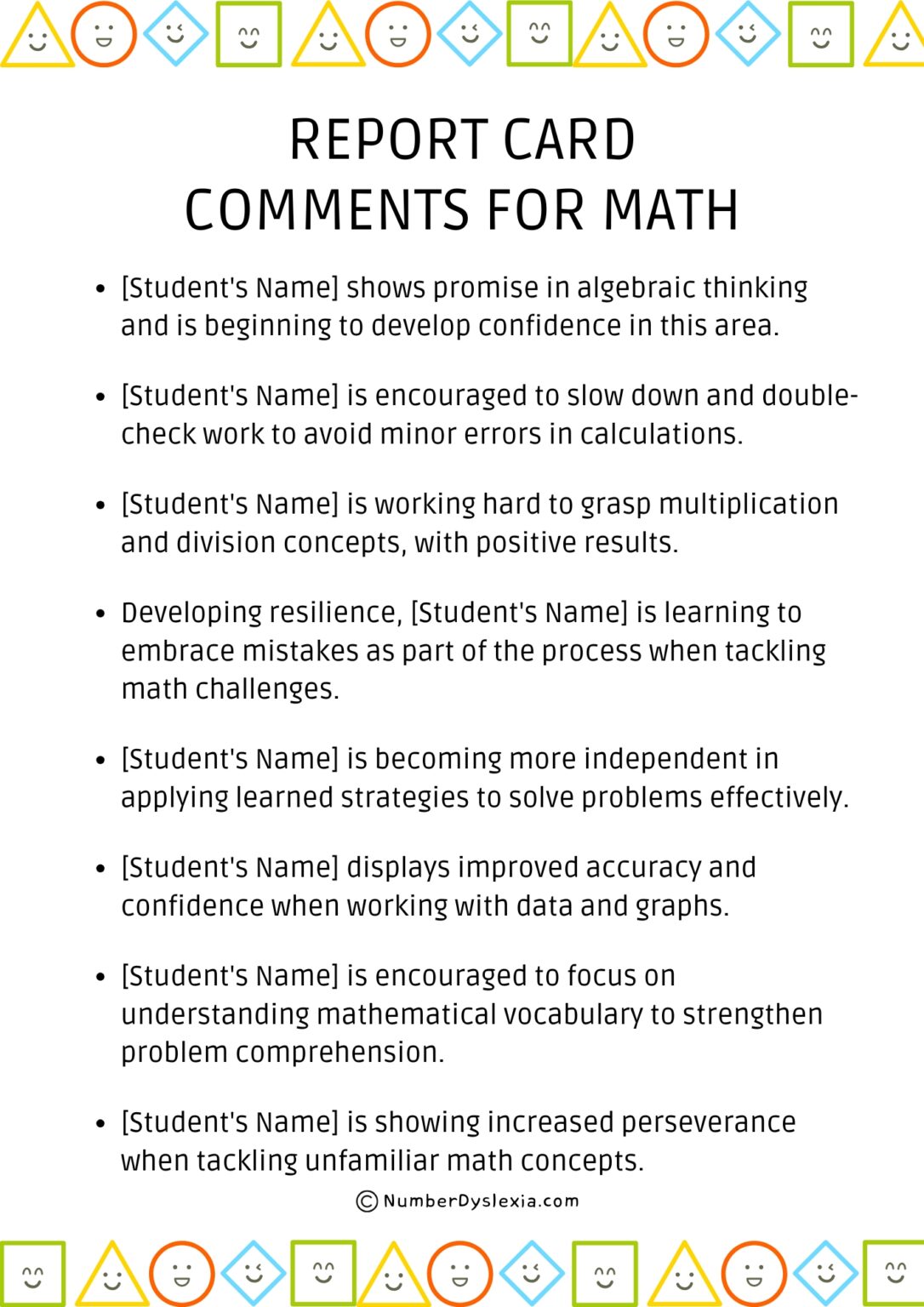 120 Report Card Comments For Maths [PDF Included] - Number Dyslexia