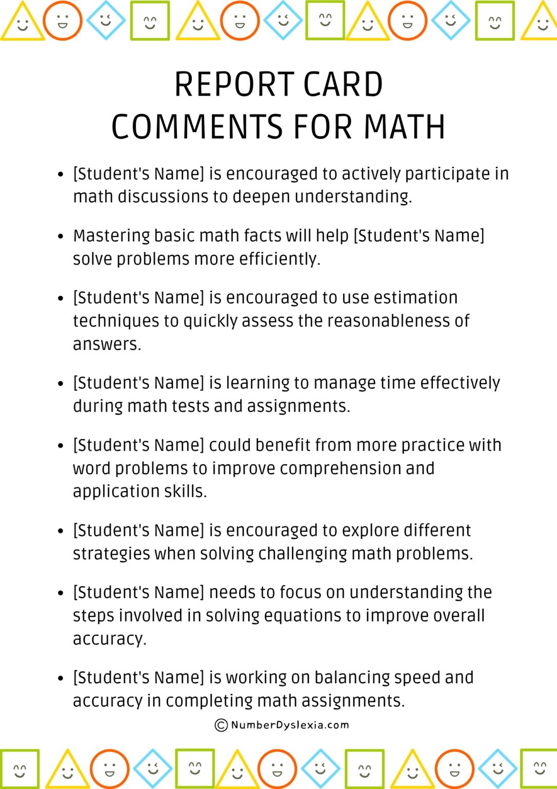 120 Report Card Comments For Maths [PDF Included] - Number Dyslexia