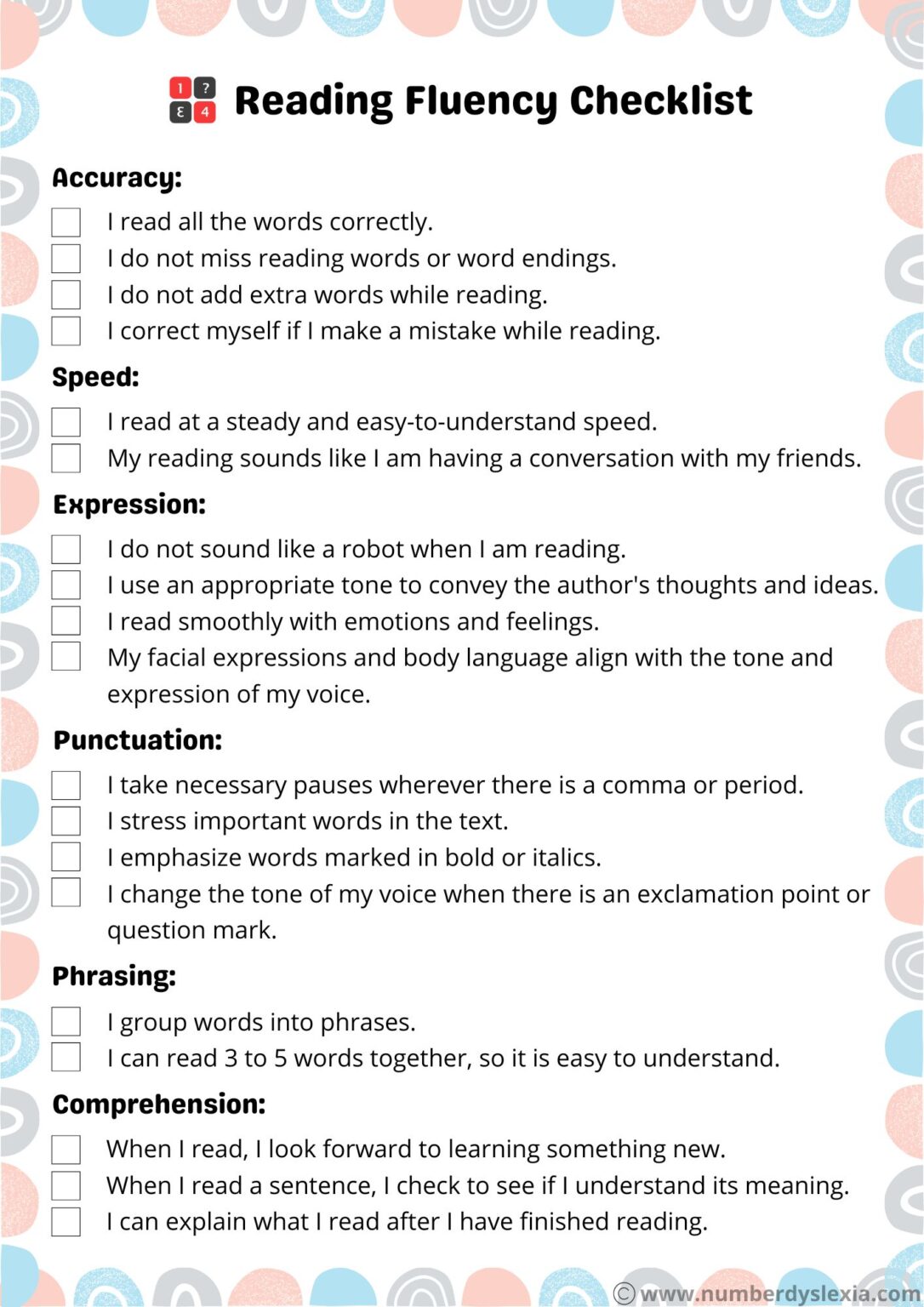 Printable Reading Fluency Checklist [PDF Included] - Number Dyslexia