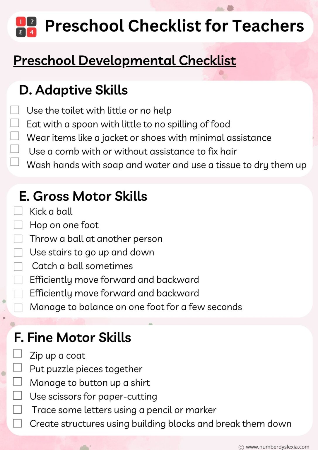 Preschool Checklist For Teachers [PDF Included] - Number Dyslexia