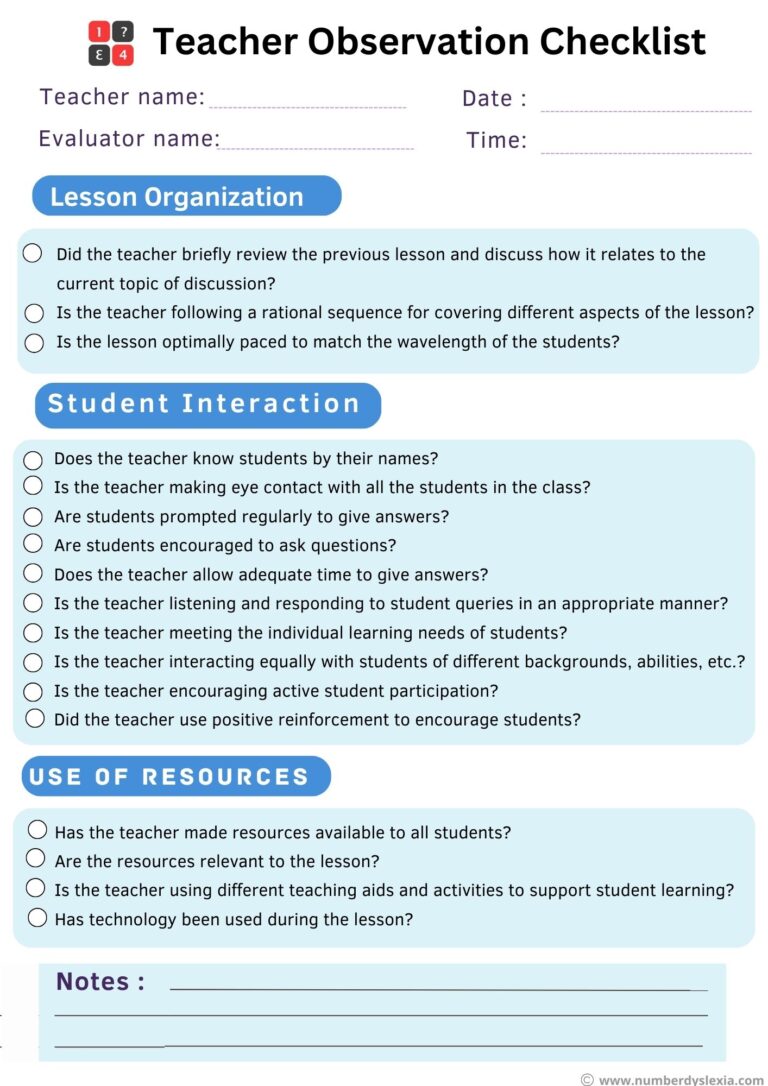 Printable Teacher Observation Checklist For Administrators [PDF ...