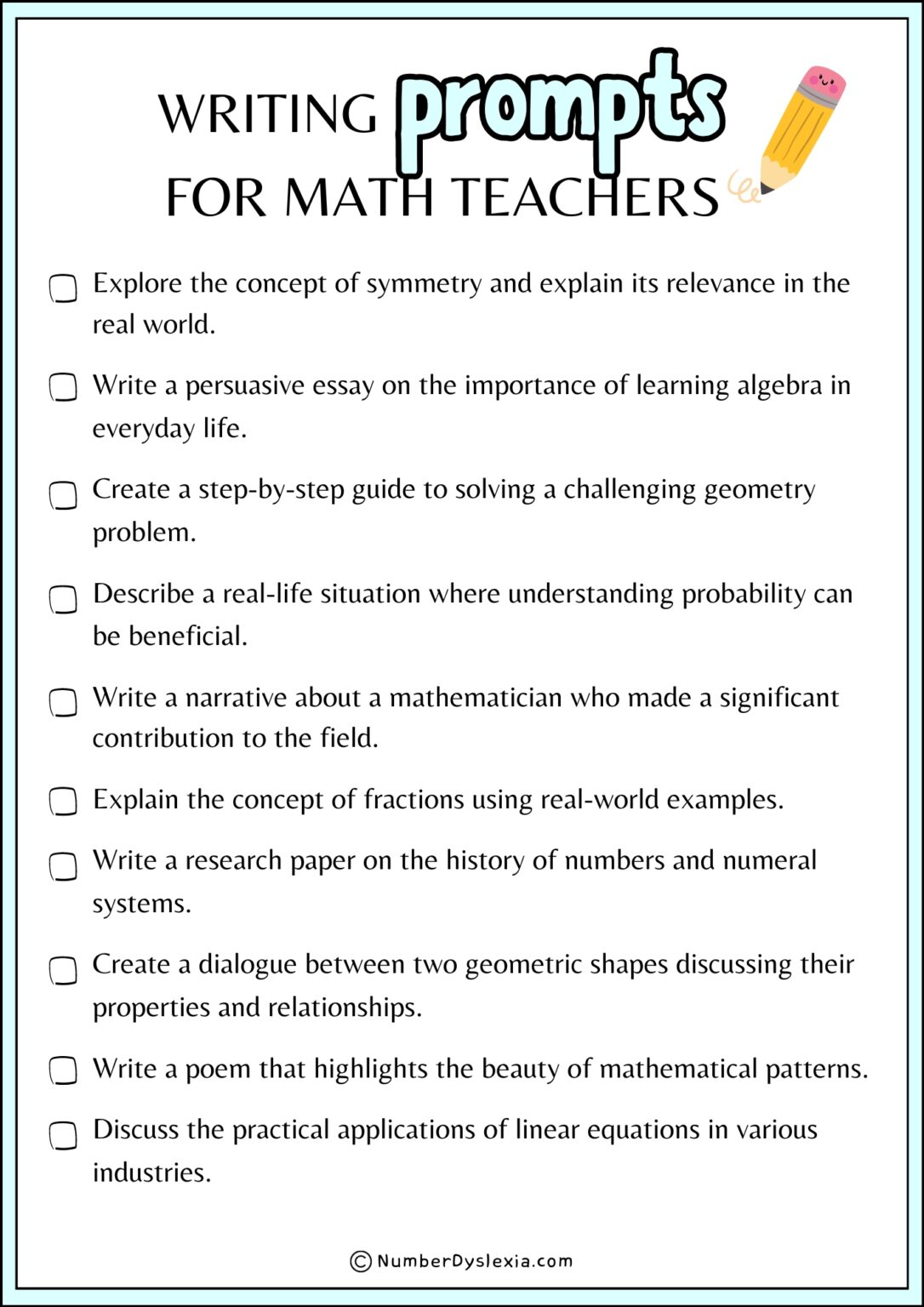 59 Writing Prompts For Math Teachers [PDF Included] - Number Dyslexia