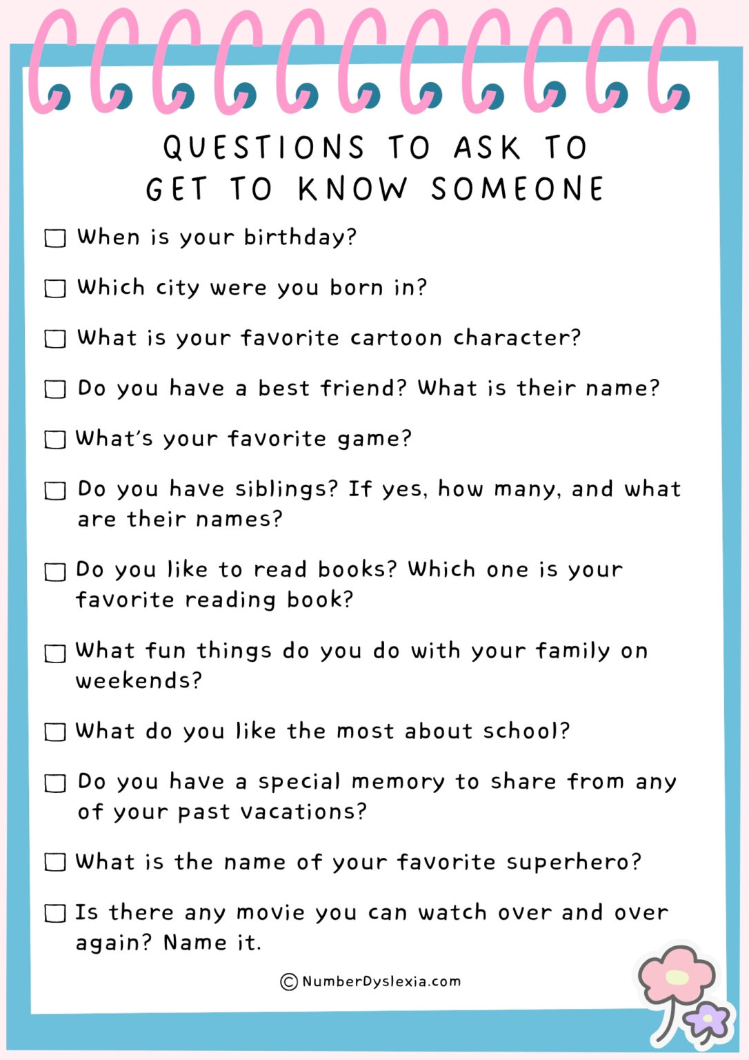 Printable List Of Questions to Ask to Get to Know Someone - Number Dyslexia