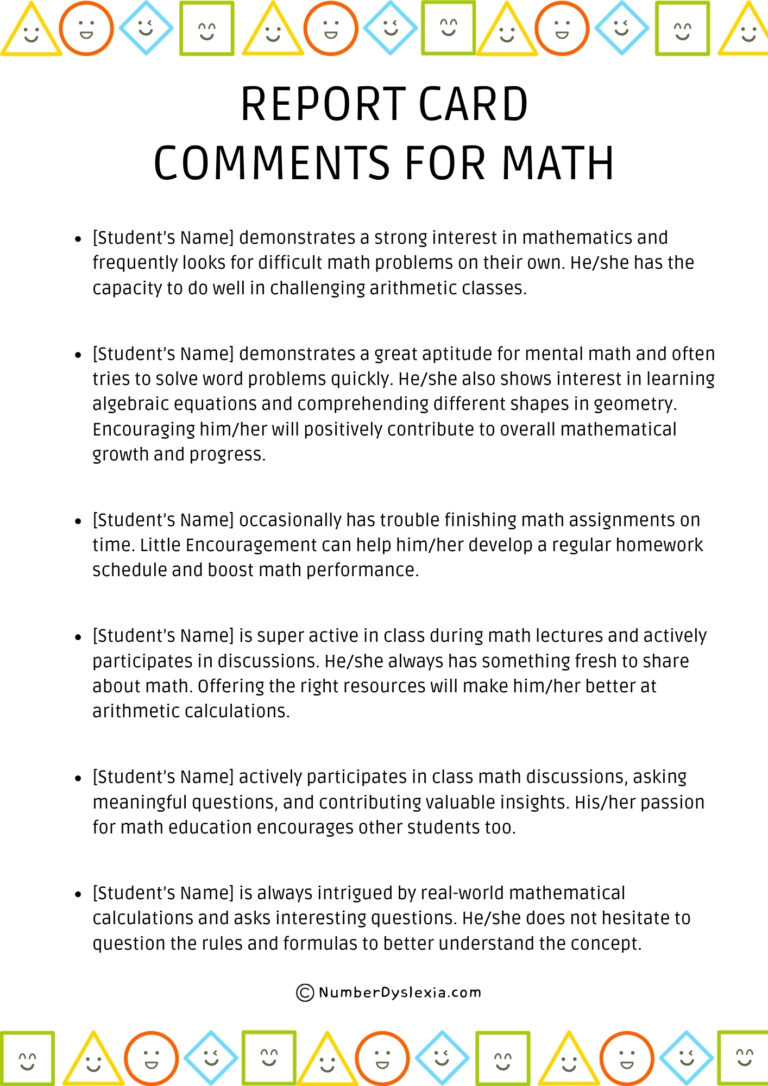 120 Report Card Comments For Maths [PDF Included] - Number Dyslexia