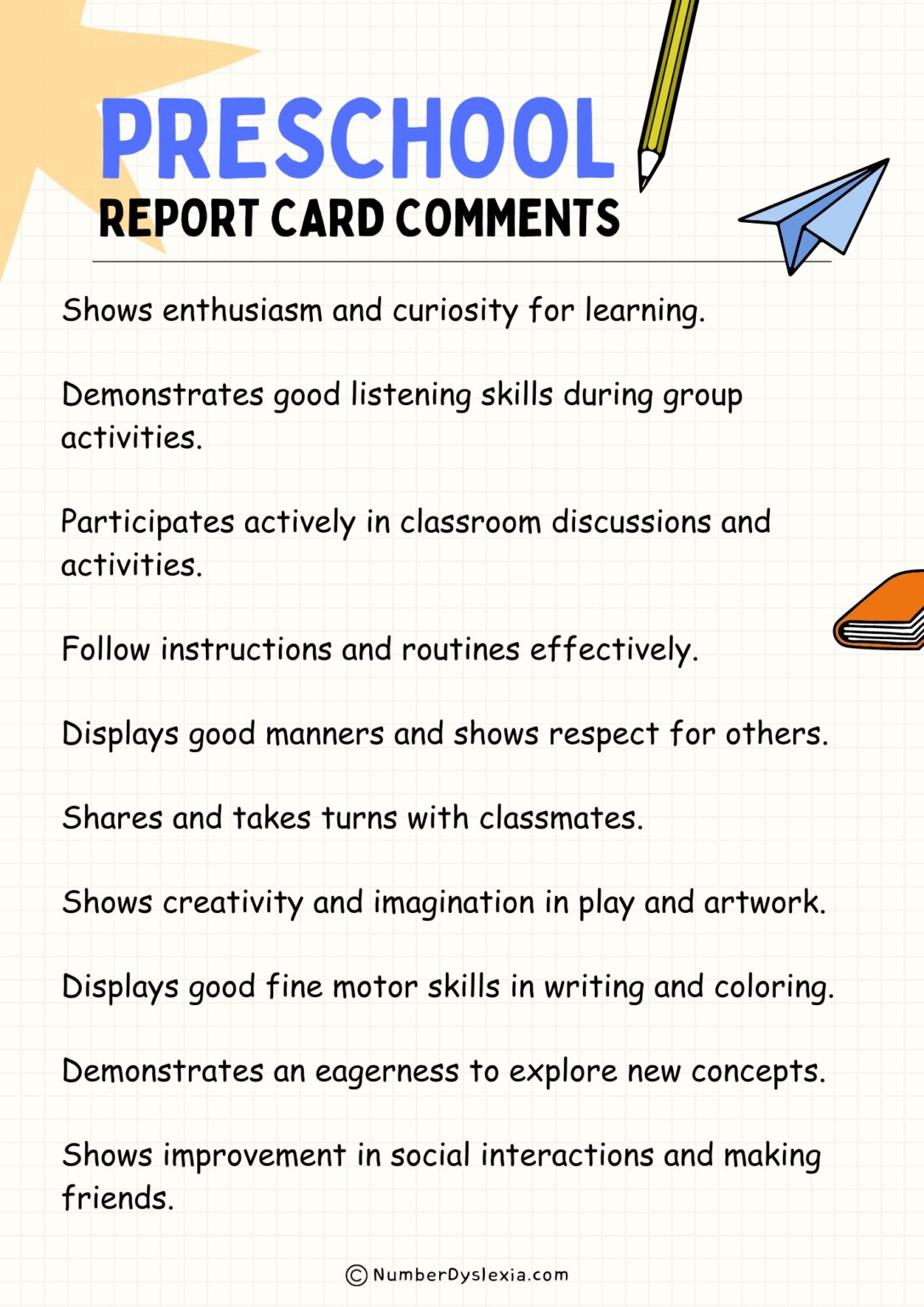 50 Quick Report Card Comments For Preschool [PDF Included] - Number ...