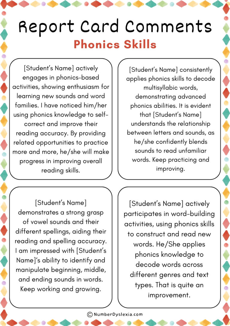 120 Report Card Comments For Phonics Skills [PDF Included] - Number Dyslexia