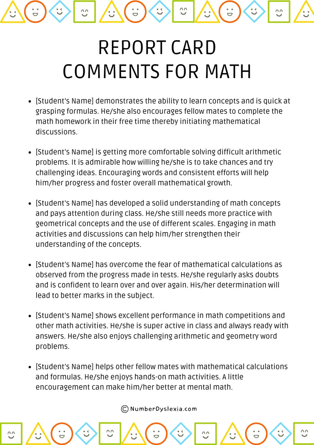 120 Report Card Comments For Maths [PDF Included] - Number Dyslexia