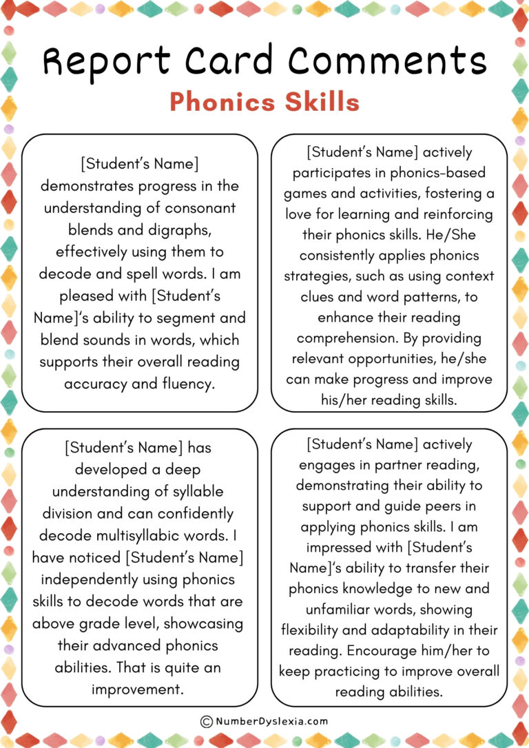 120 Report Card Comments For Phonics Skills [PDF Included] - Number ...