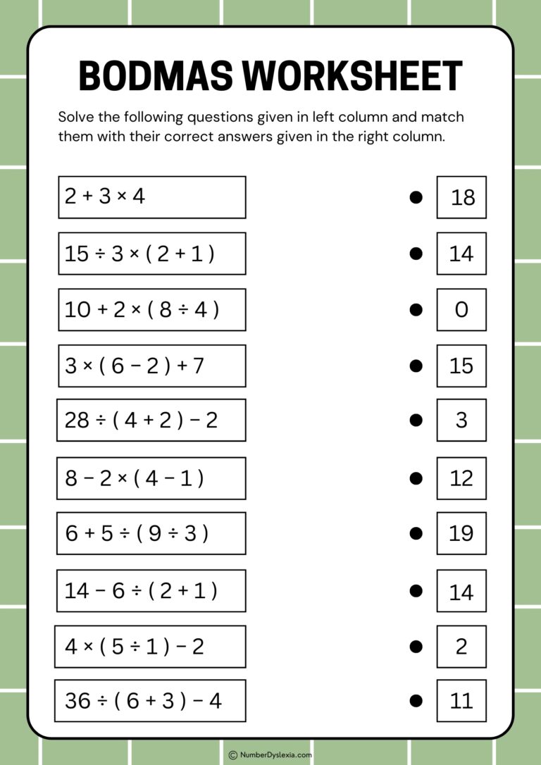 Free Printable BODMAS Worksheets For Grade 5-7 [PDF] - Number Dyslexia