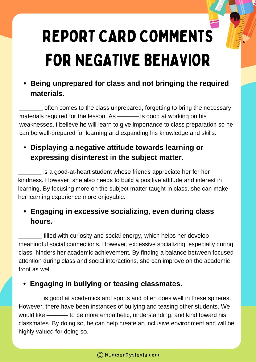 20 Negative Behavior Comments Examples for Report Card - Number Dyslexia