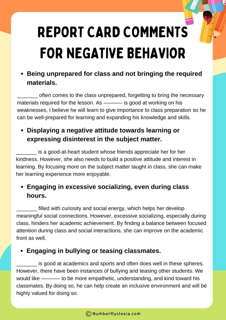 20 Negative Behavior Comments Examples for Report Card - Number Dyslexia