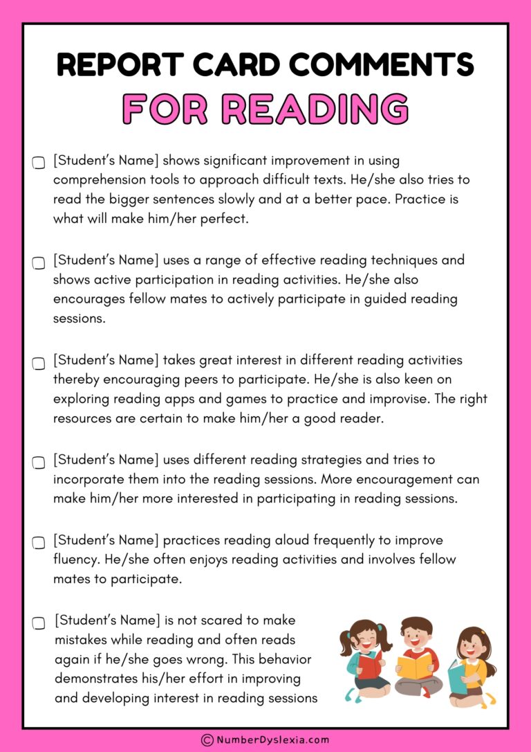 60 Report Card Comments For Reading [PDF Included] - Number Dyslexia