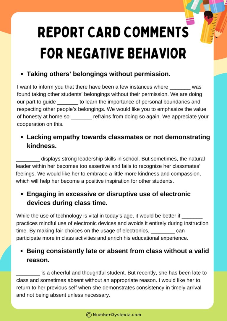 20 Negative Behavior Comments Examples for Report Card - Number Dyslexia