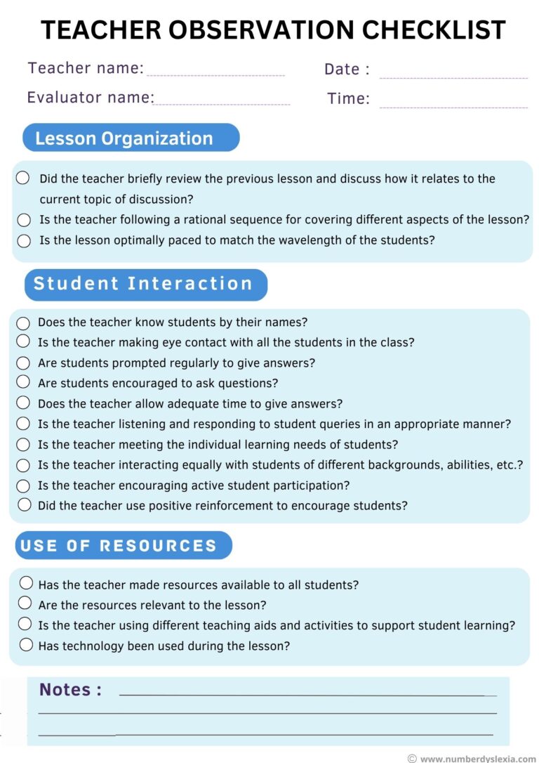 Printable Teacher Observation Checklist For Administrators [PDF ...