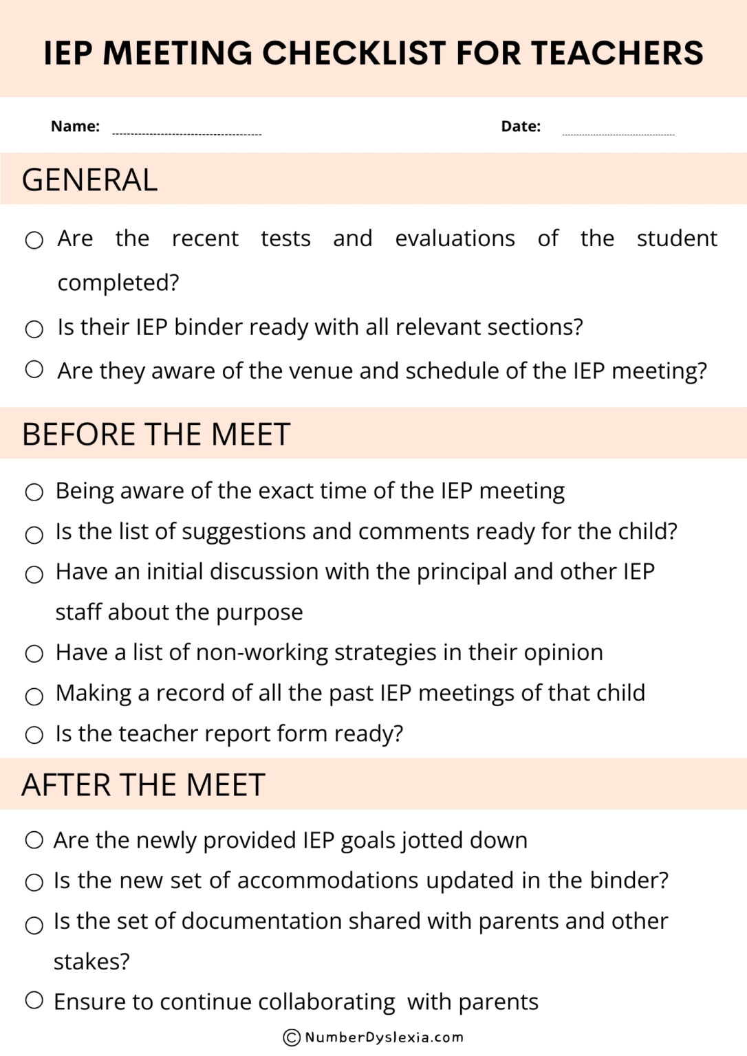 IEP Meeting Checklist for Parents and Teachers [PDF Included] - Number ...
