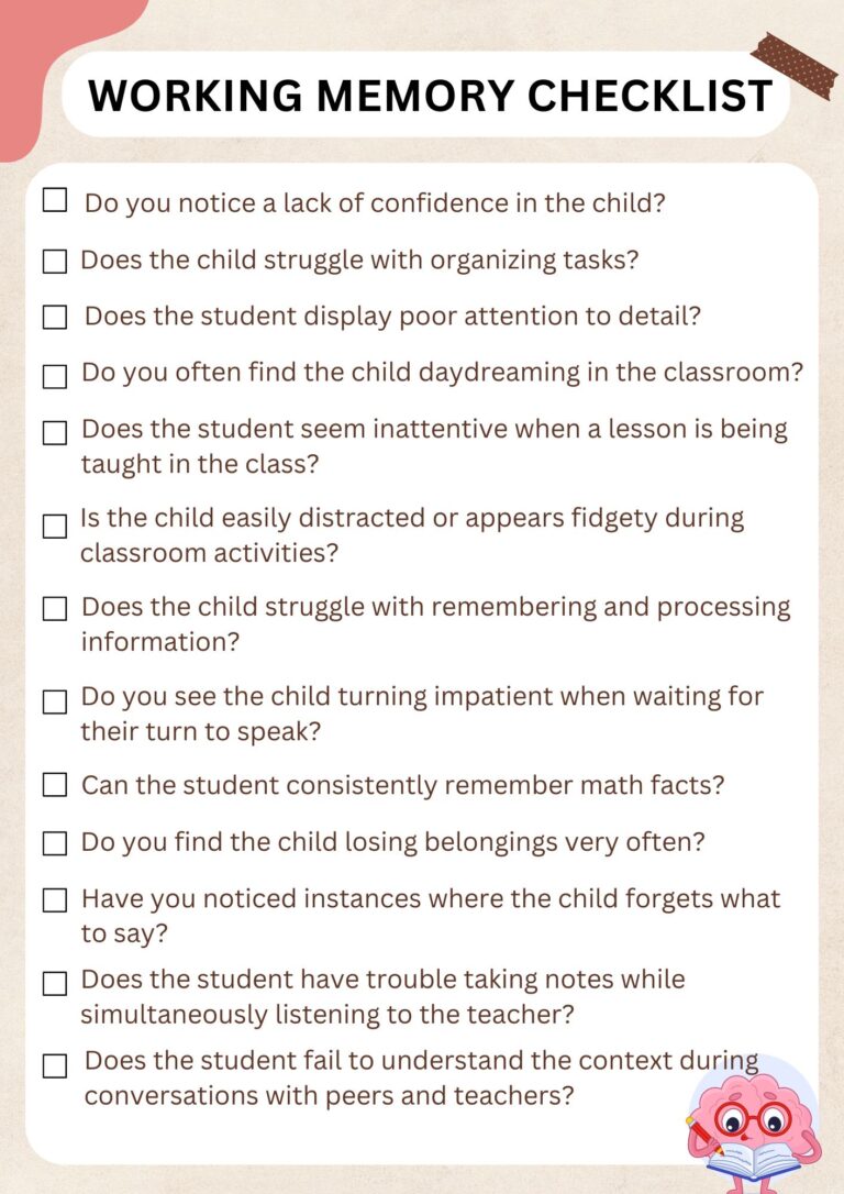 Printable Working Memory Checklist For Teachers [PDF Included] - Number ...