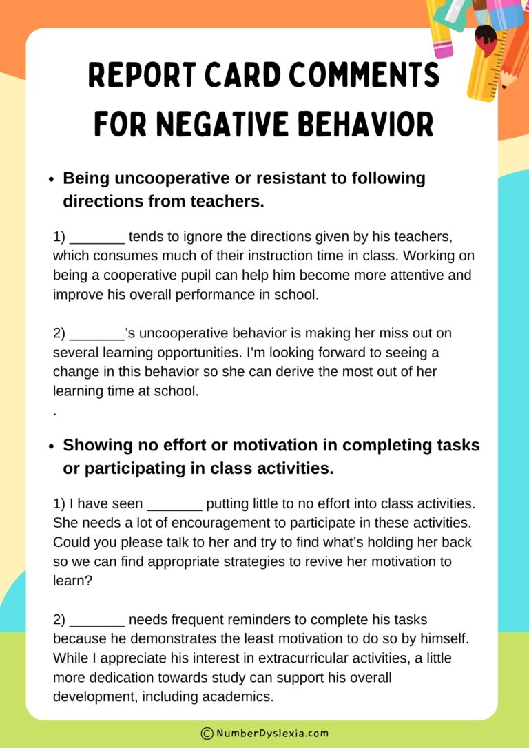 20 Negative Behavior Comments Examples for Report Card - Number Dyslexia