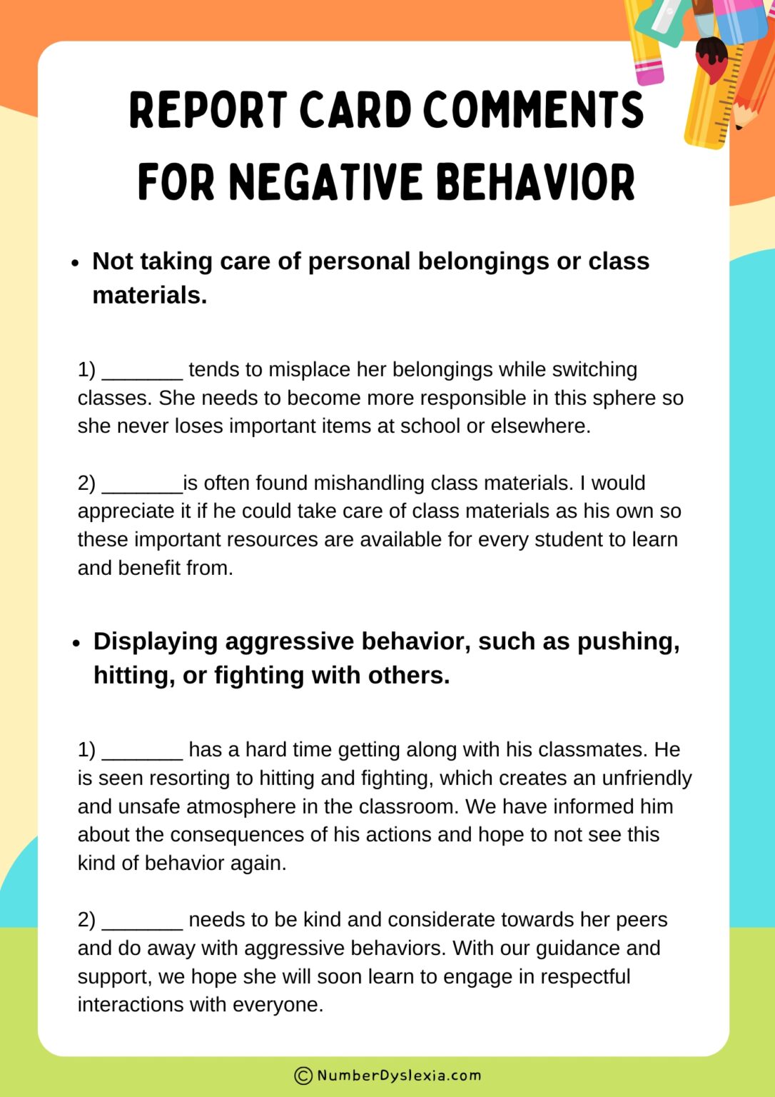 20 Negative Behavior Comments Examples for Report Card - Number Dyslexia