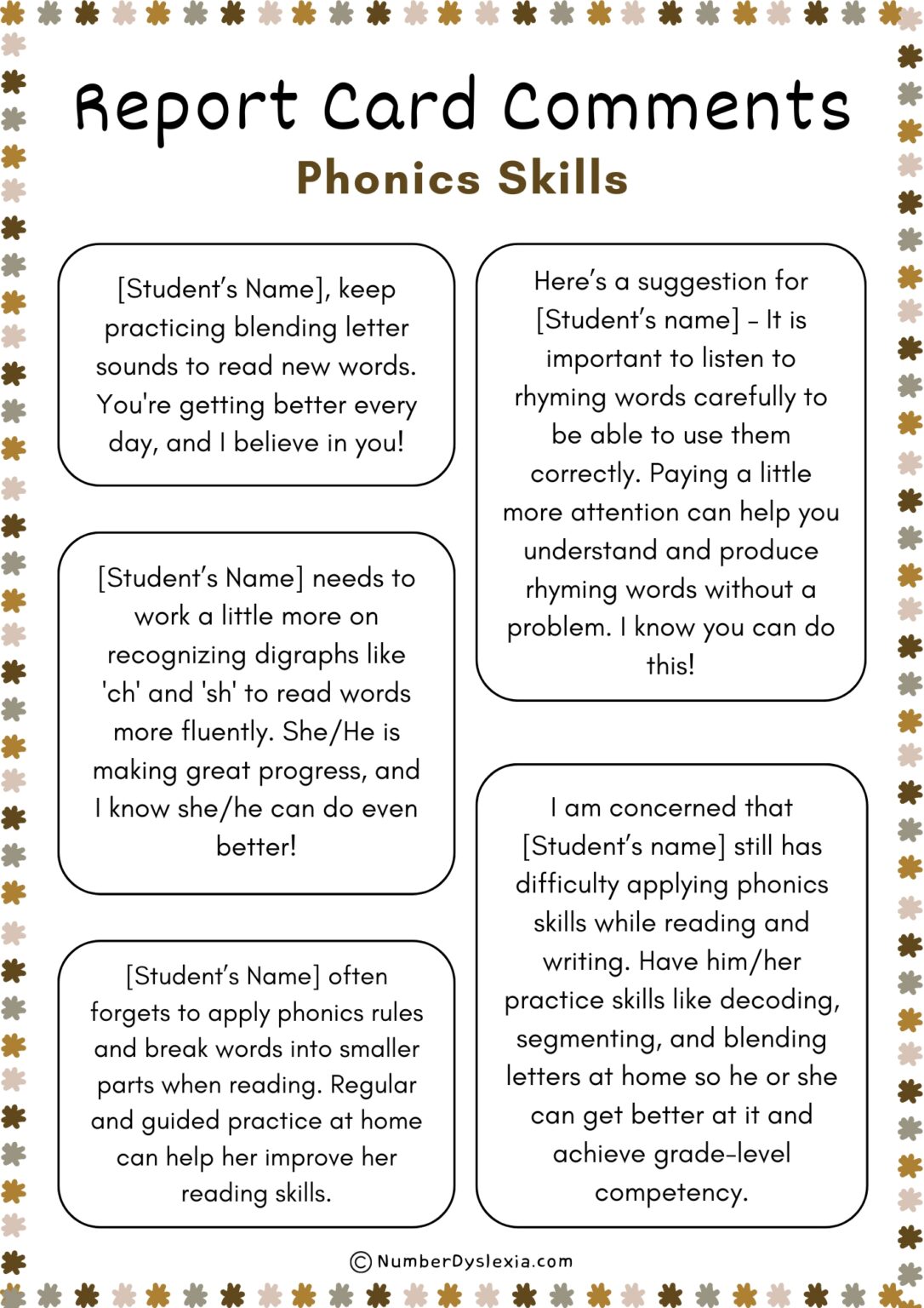 120 Report Card Comments For Phonics Skills [PDF Included] - Number ...