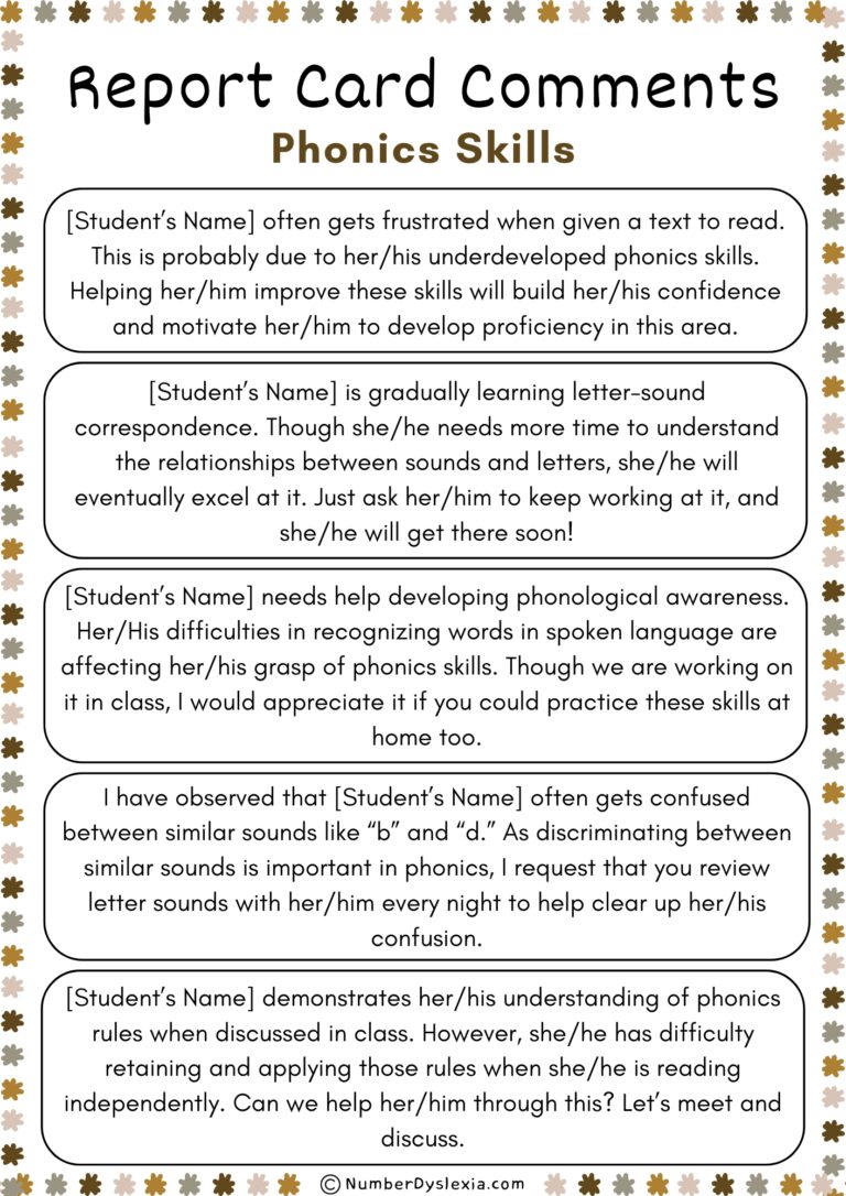 120 Report Card Comments For Phonics Skills [PDF Included] - Number ...