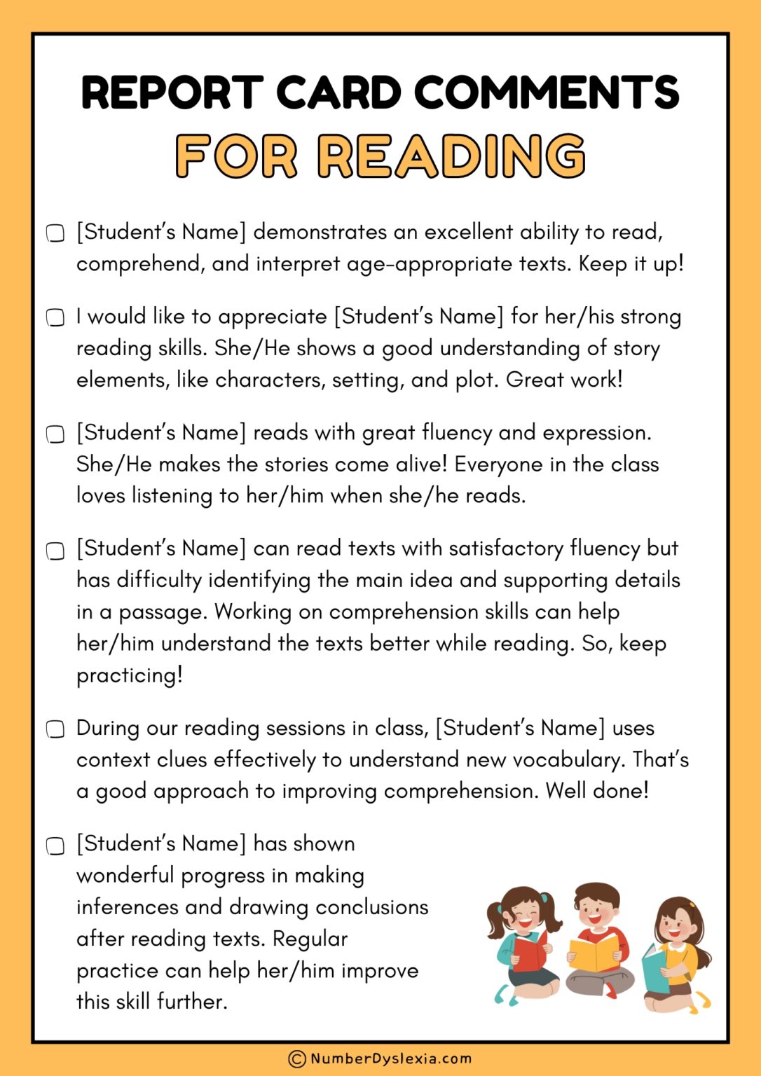 60 Report Card Comments For Reading [PDF Included] - Number Dyslexia