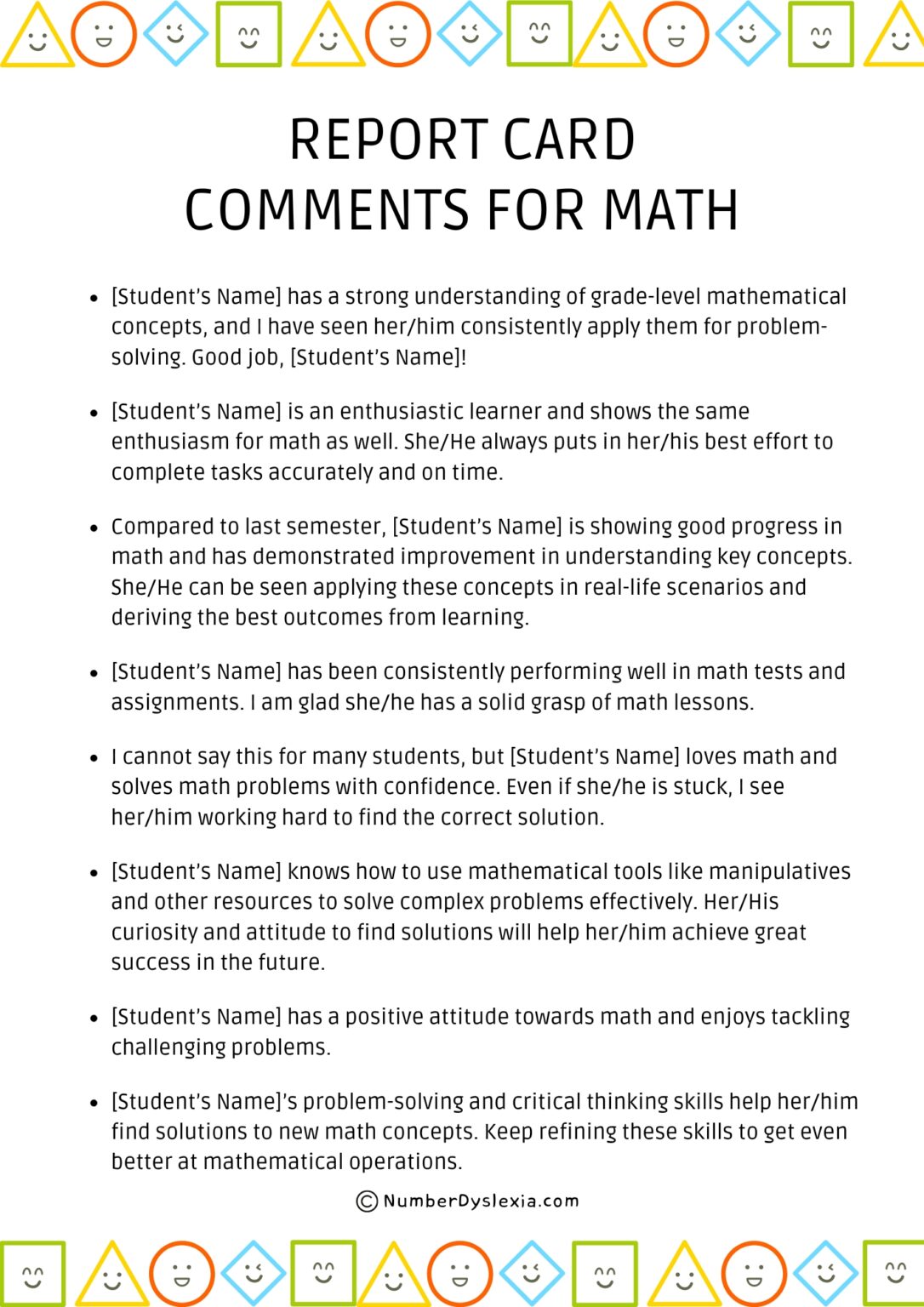 120 Report Card Comments For Maths [PDF Included] - Number Dyslexia