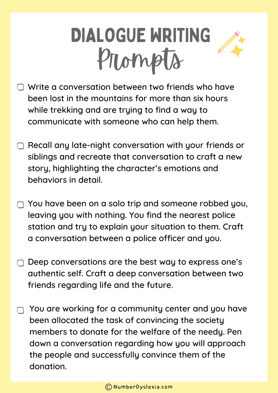 100 Interesting Dialogue Writing Prompts for Children - Number Dyslexia