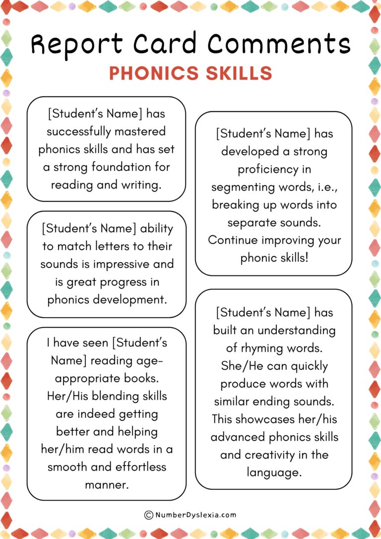 120 Report Card Comments For Phonics Skills [PDF Included] - Number Dyslexia